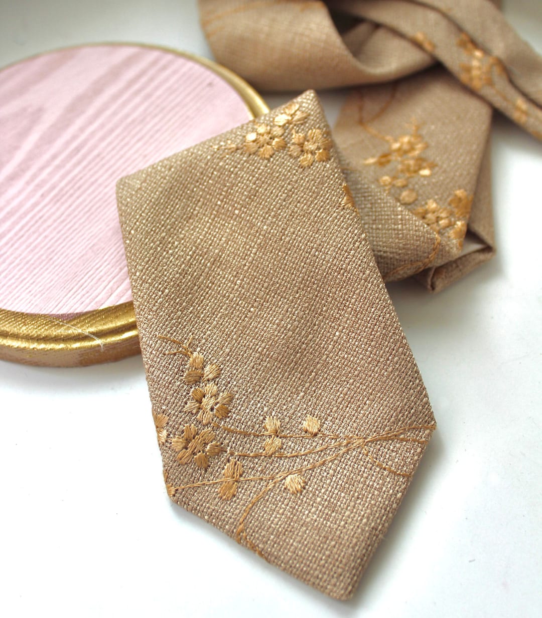 Wheat Brown Floral Tonal Embroidered Necktie With Matching Square - Etsy