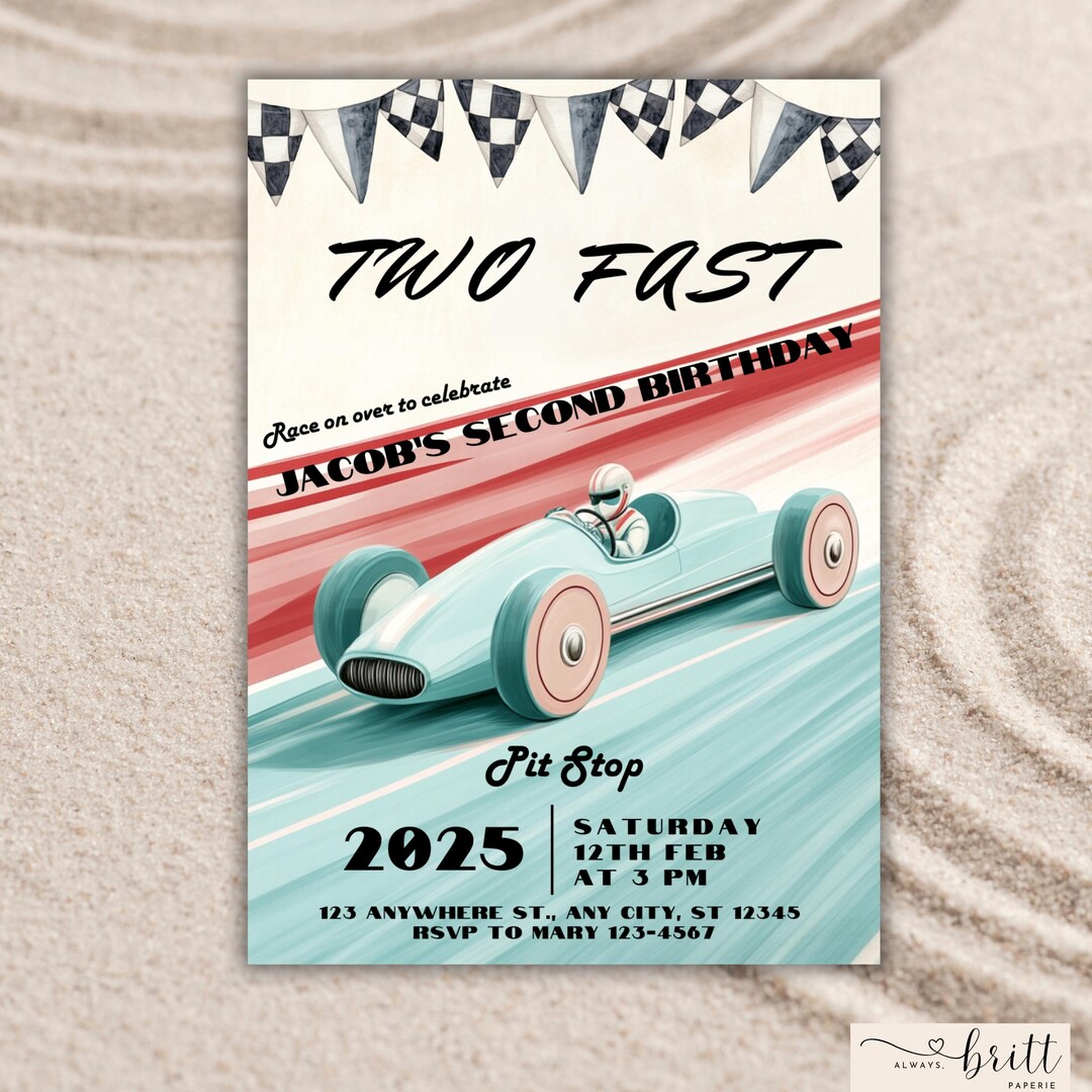 Two Fast Birthday Party Invitation, Retro Race Car Kids Theme, Blue Car ...