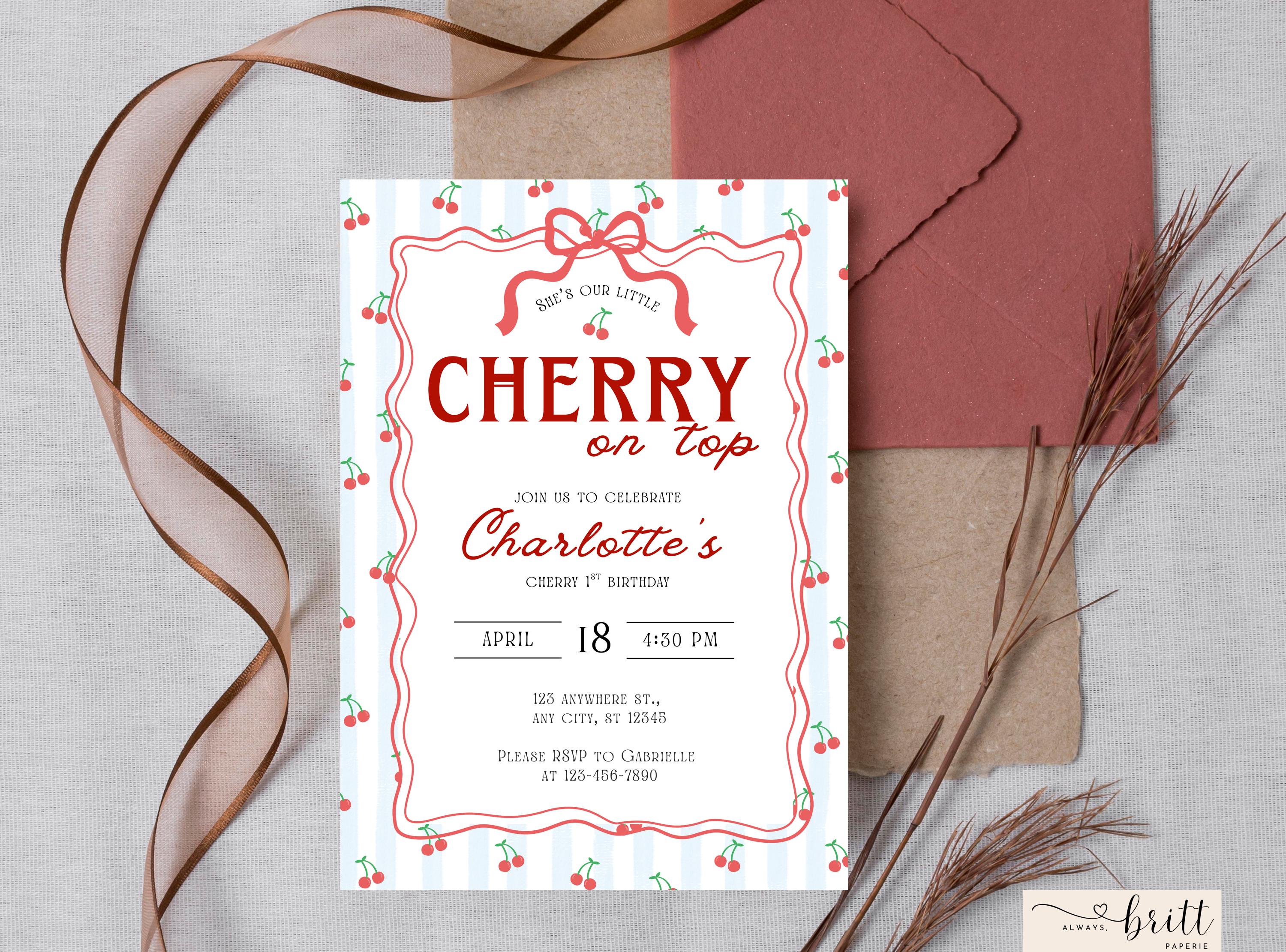 Cherry Birthday Invitation Girl, Our Little Cherry on Top 1st Birthday ...