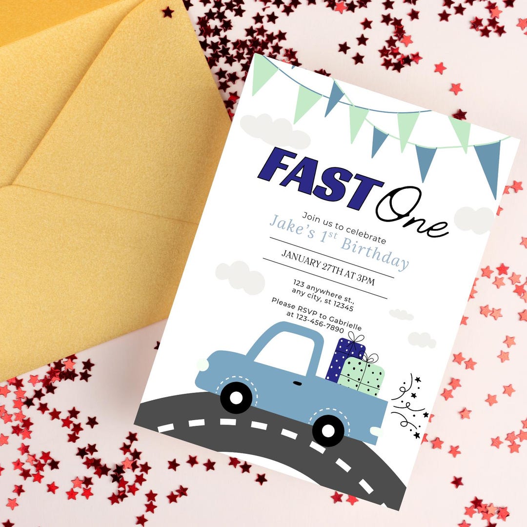 Fast One First Birthday Invitation Boy, Blue Truck 1st Birthday Party ...