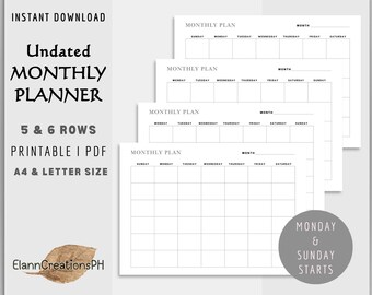 Undated Monthly Planner Printable Landscape, Monday & Sunday Start, Ink ...