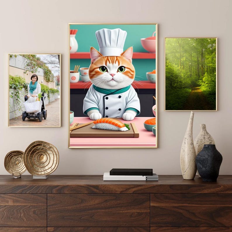 Sushi Chef Cat Art, Kawaii Feline Portrait, Pastel Restaurant Mockup ...