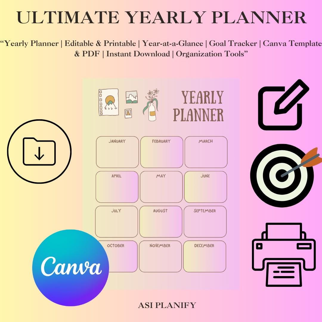 Yearly Planner | Editable & Printable | Year-at-a-glance | Goal Tracker ...