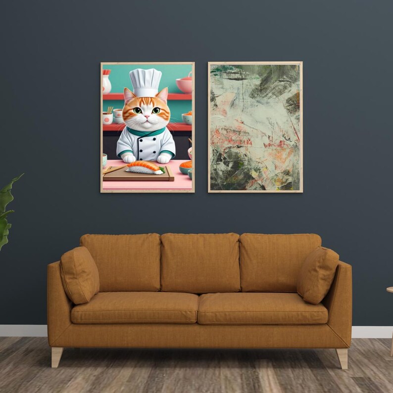 Sushi Chef Cat Art, Kawaii Feline Portrait, Pastel Restaurant Mockup ...