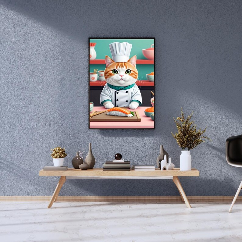Sushi Chef Cat Art, Kawaii Feline Portrait, Pastel Restaurant Mockup ...