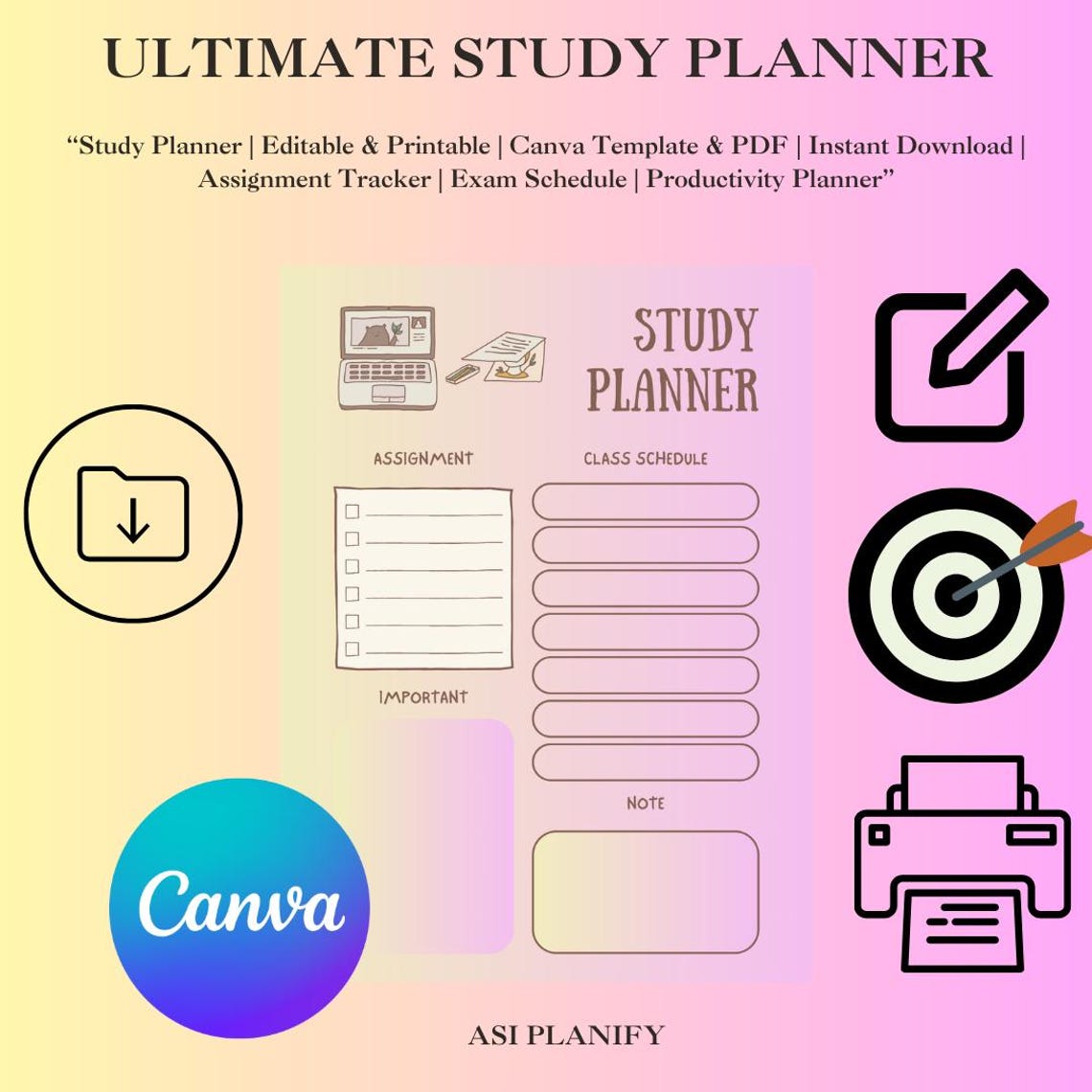 Study Planner | Editable and Printable | Canva Template and PDF ...