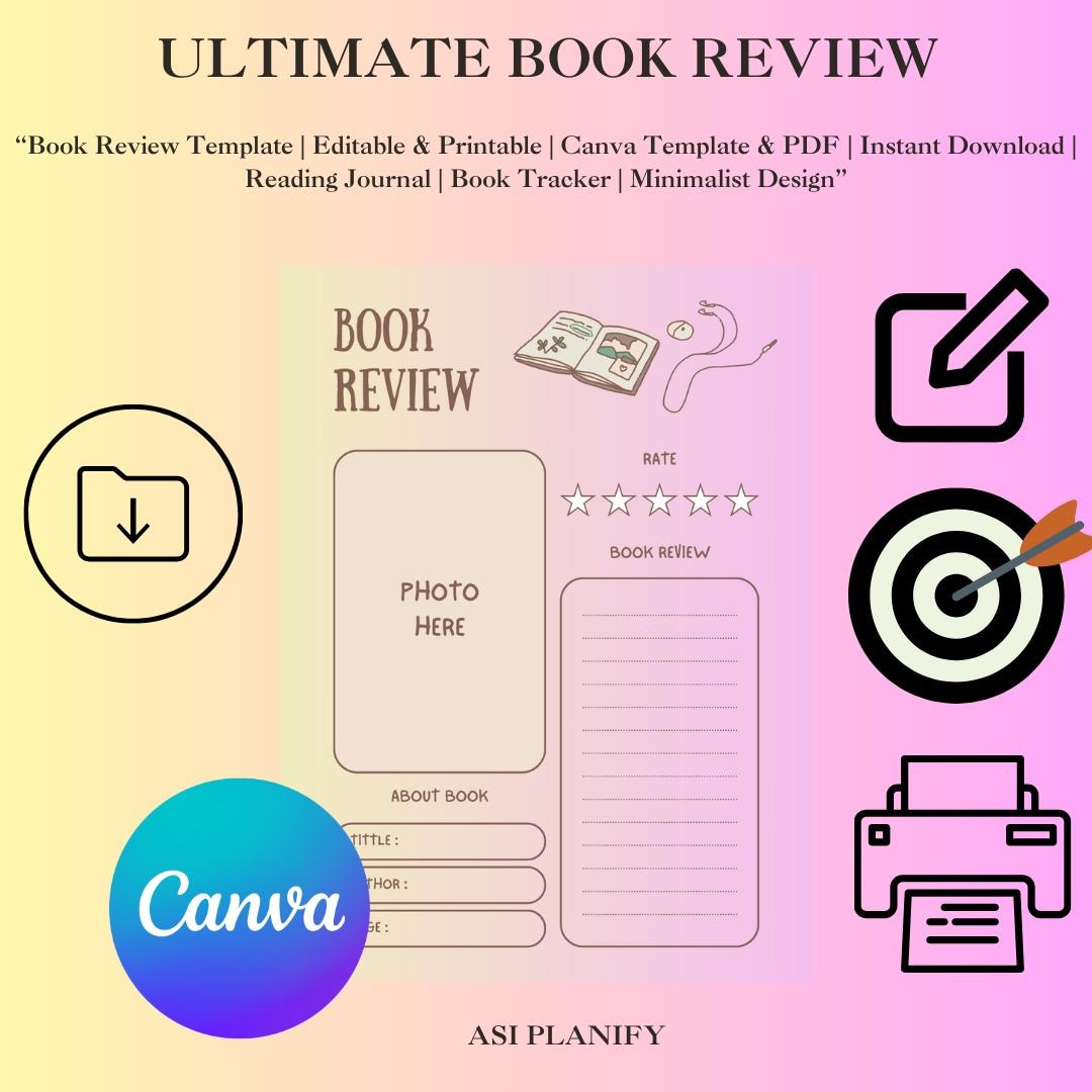 Book Review Template | Editable and Printable | Canva Template and PDF ...