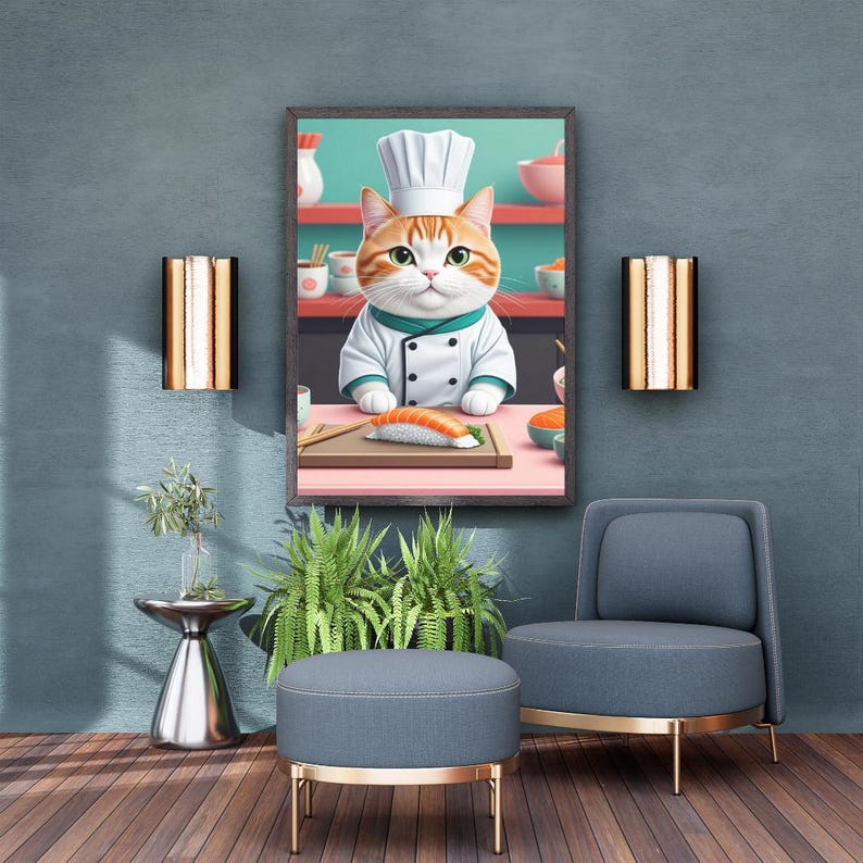 Sushi Chef Cat Art, Kawaii Feline Portrait, Pastel Restaurant Mockup ...