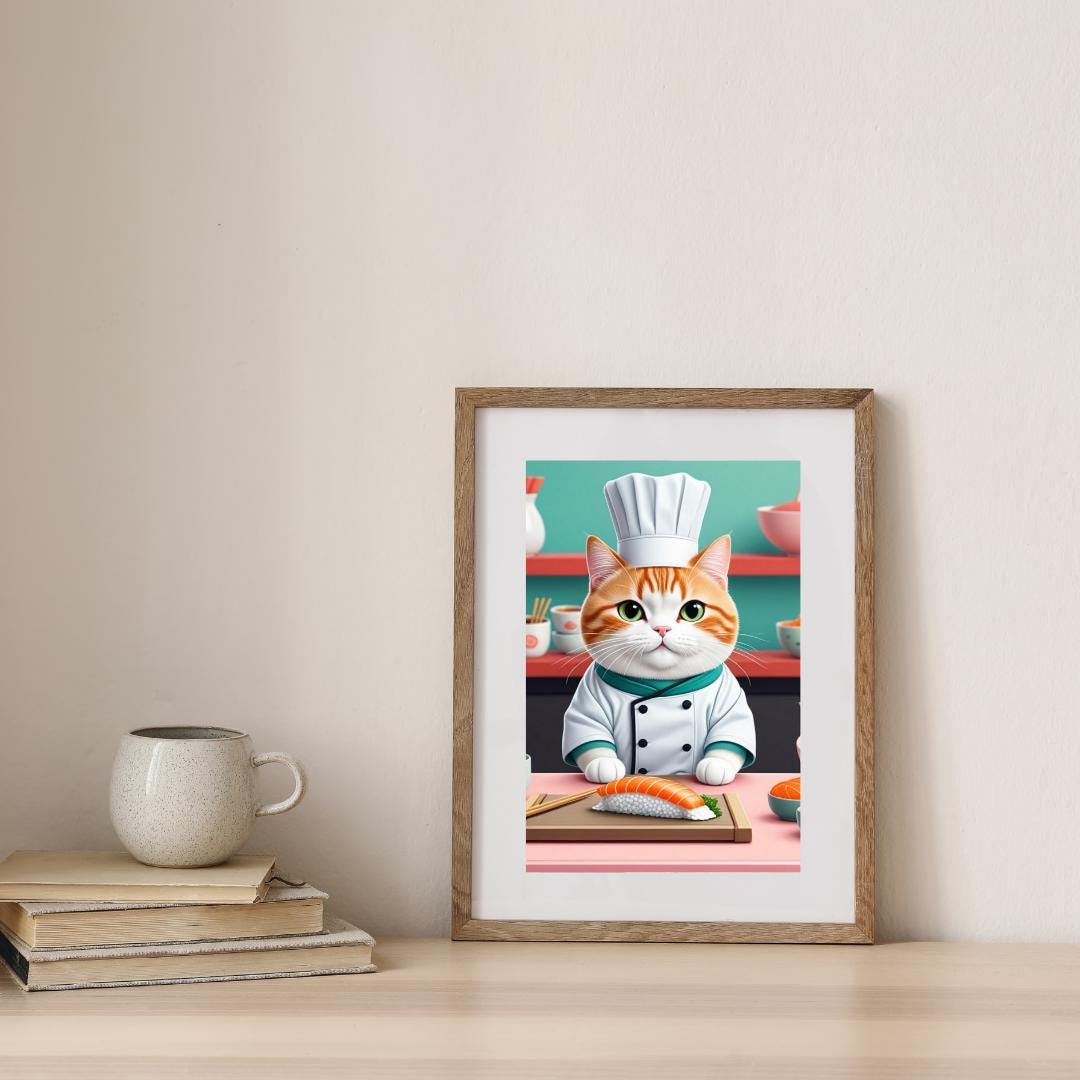 Sushi Chef Cat Art, Kawaii Feline Portrait, Pastel Restaurant Mockup ...