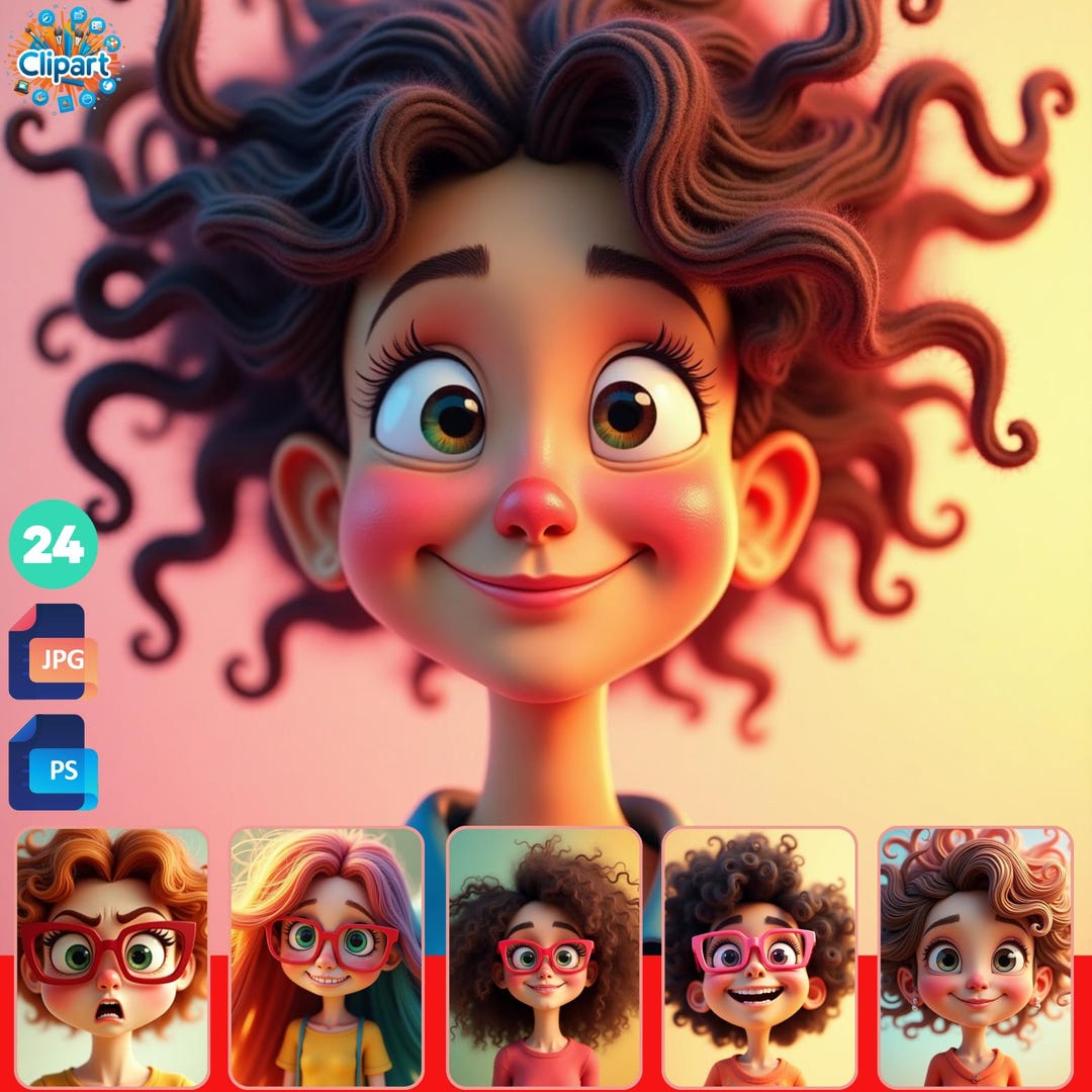 Colorful Curly Hair Girl Clipart - 3D Pixar Style - Quirky Romantic ...