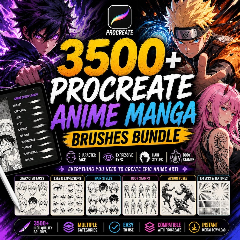 3500+ Procreate Anime Manga Brushes Bundle | Character Face Eyes Hair ...