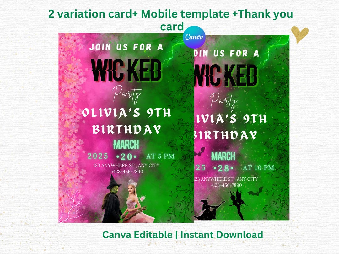 Wicked Birthday Party Invitation: Glinda & Elphaba Movie Ticket (canva ...