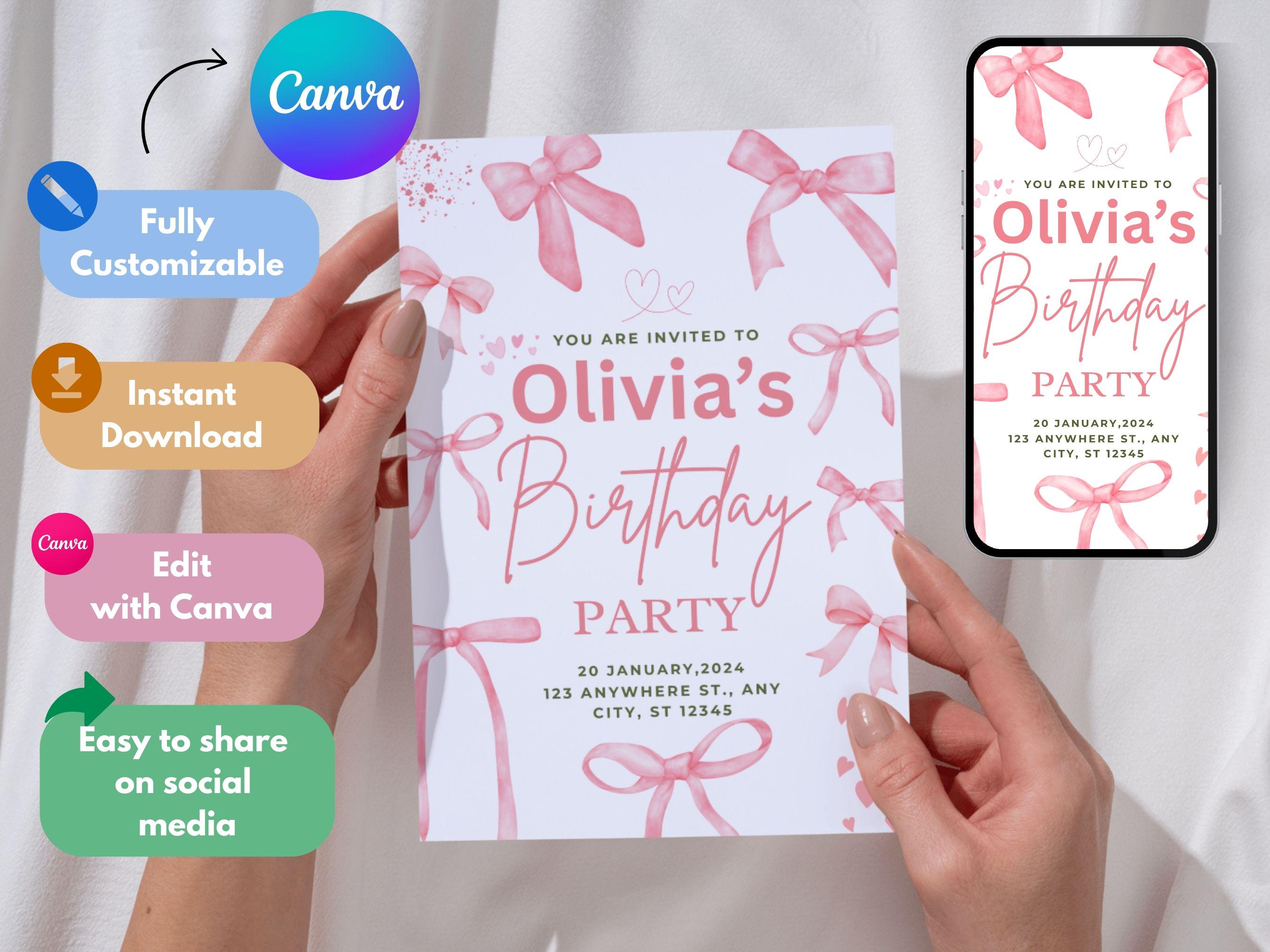 Pink Bow Theme Birthday Invite Pink Bow Birthday Bow Invite Coquette ...