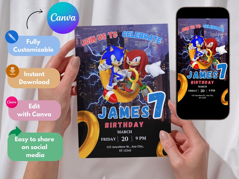 Editable Sonic 3 Birthday Invitation for Boy , Super Hedgehog Party ...