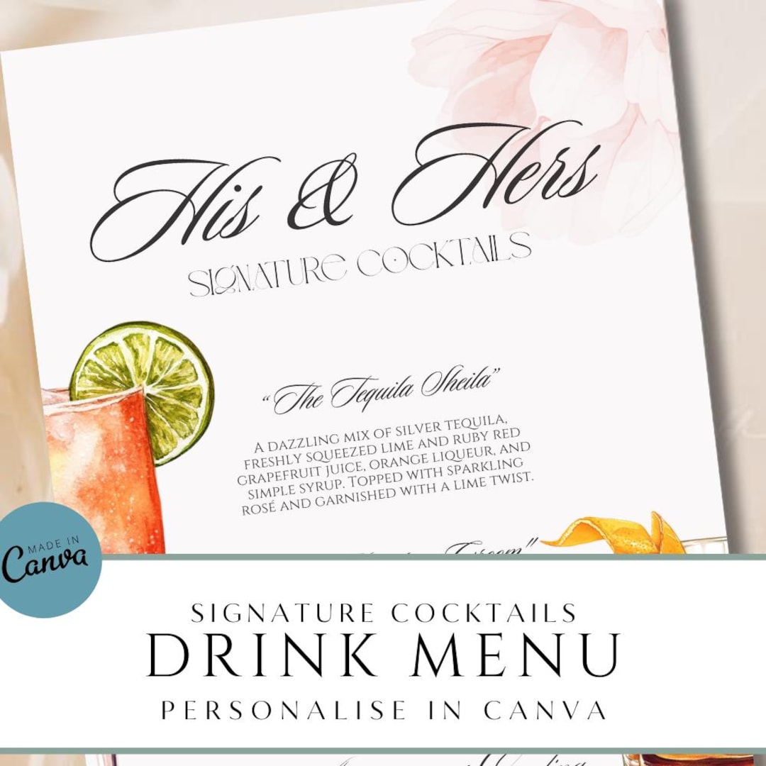 His & Hers Signature Cocktail List | Wedding Drink Menu Template ...