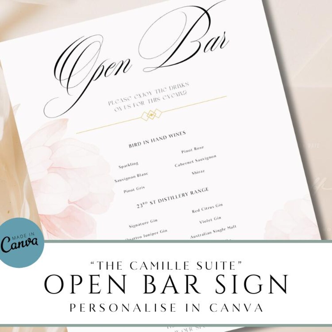 Open Bar Sign Template | Editable Wedding Sign | Printable Event Sign ...