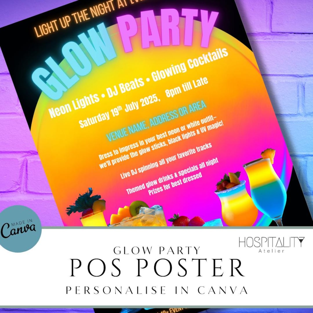 Glow Party Poster Canva Template | Neon Bar Event Sign | Hospitality ...