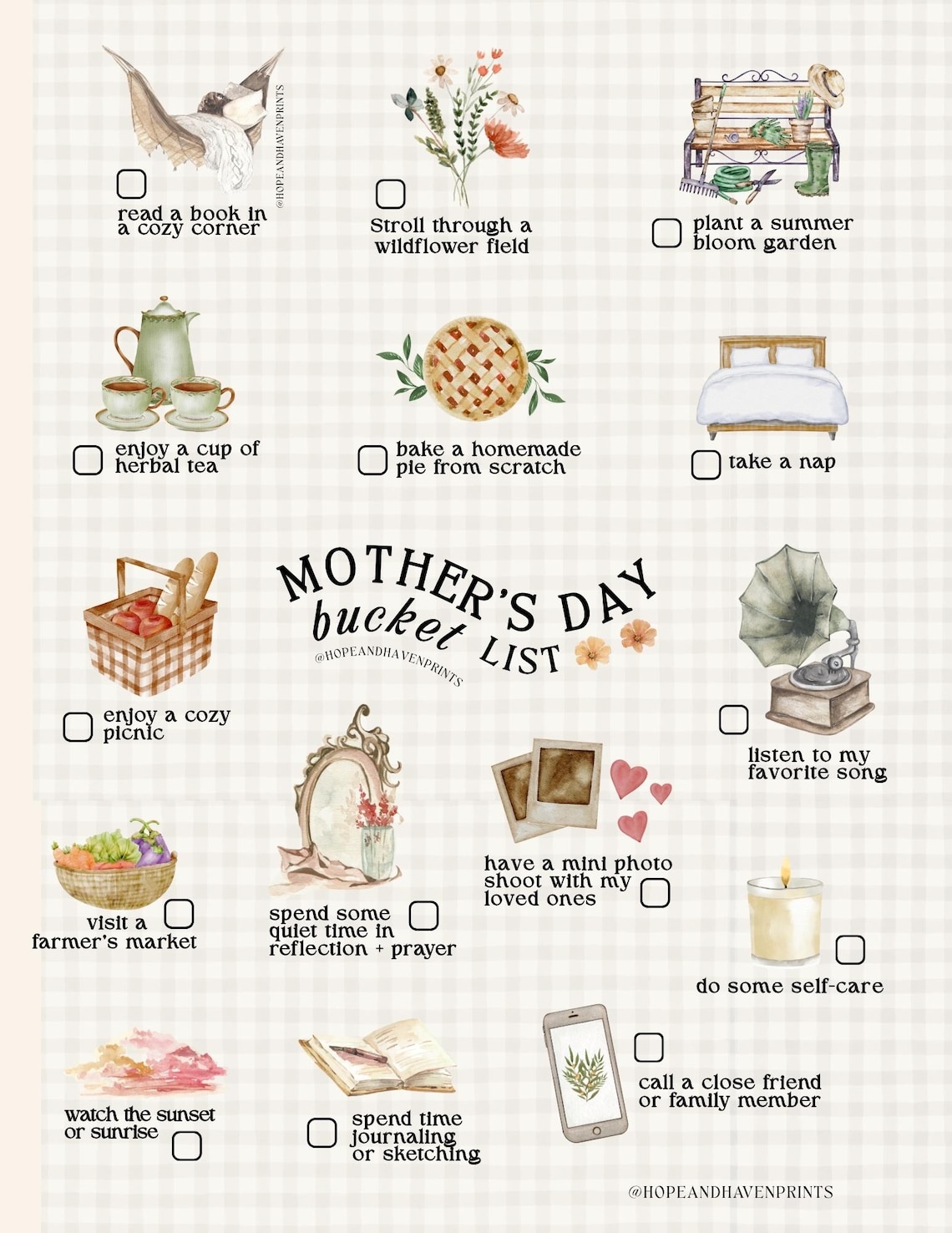 Mother's Day Bucket List Printable | Cozy Aesthetic Spring Activity ...