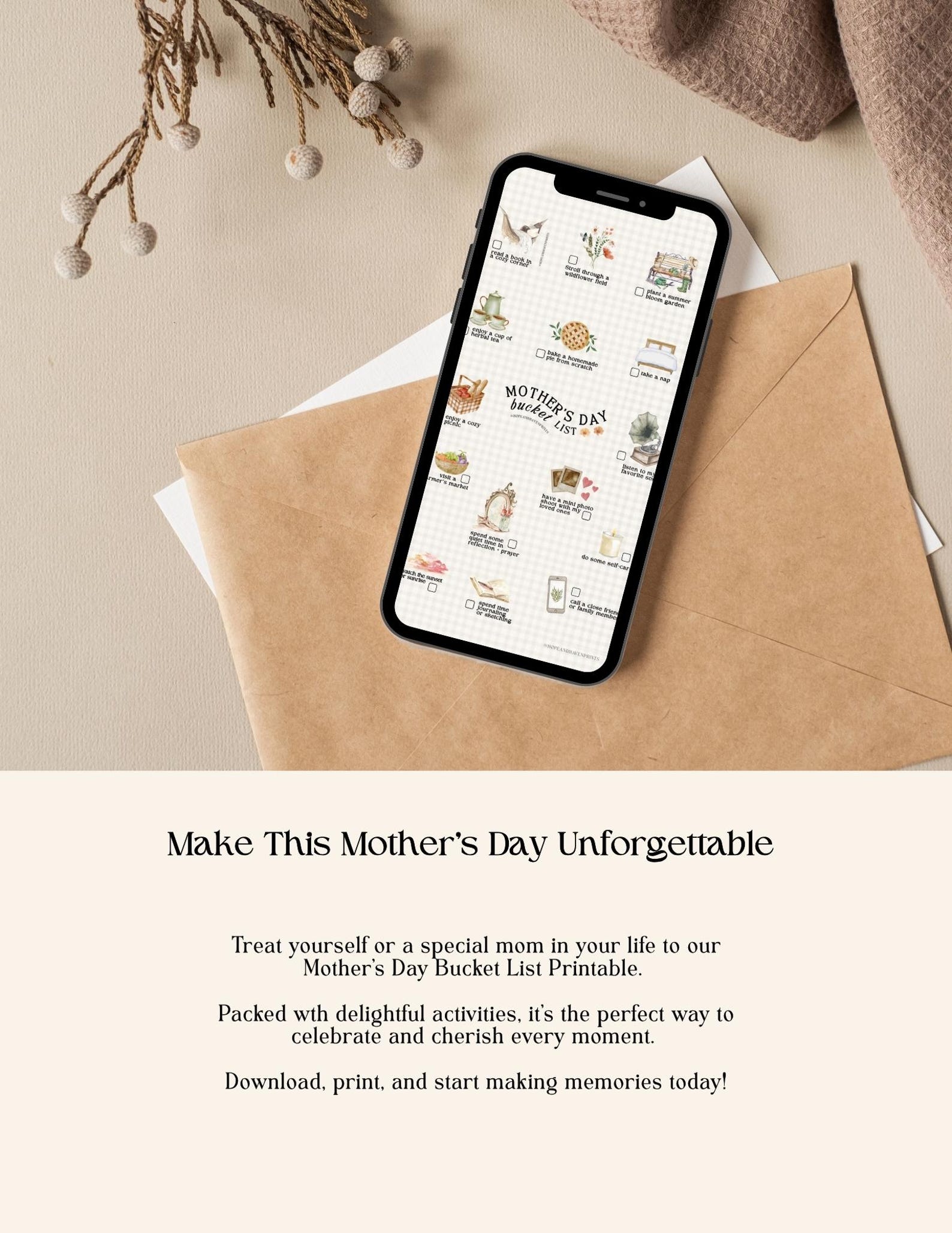 Mother's Day Bucket List Printable | Cozy Aesthetic Spring Activity ...