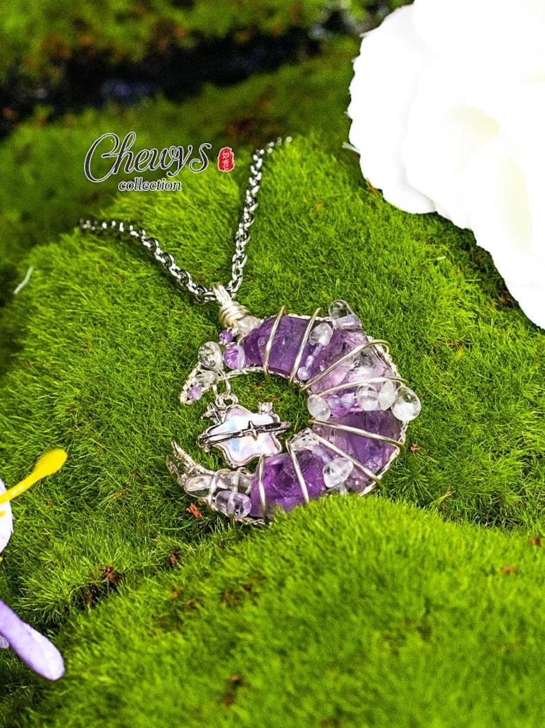 Wire Wrapped Crescent Moon Amethyst Pendant, Celestial Star Charm - Etsy