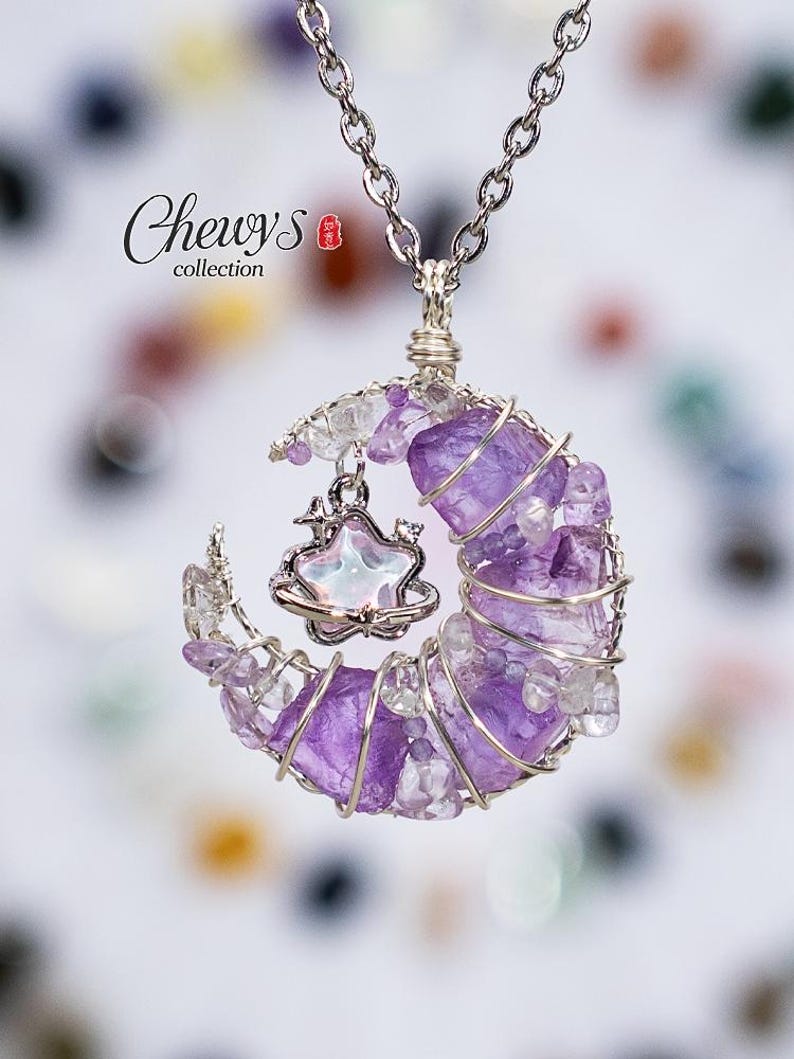 Wire Wrapped Crescent Moon Amethyst Pendant, Celestial Star Charm - Etsy