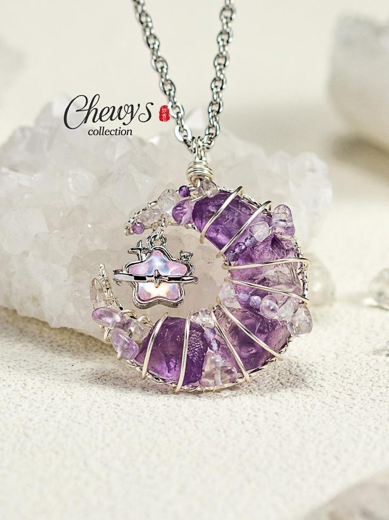Wire Wrapped Crescent Moon Amethyst Pendant, Celestial Star Charm - Etsy