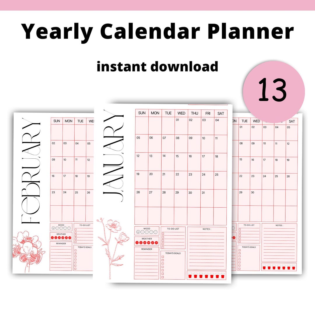 Printable Yearly Calendar Planner | 12-month Organizer | Undated ...