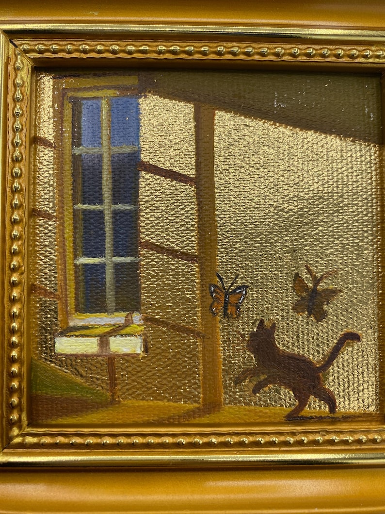 Original Oil Painting, Cat Canvas Wall Art, Framed Wall Decor, Small ...
