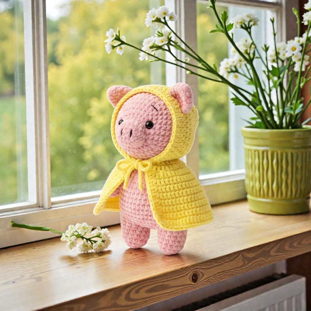Piglet in Yellow Raincoat Crochet Pattern, Amigurumi Pig in Hooded Cape ...
