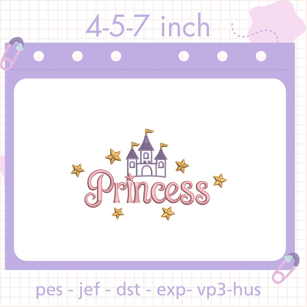Princess Castle Embroidery Design, Pink Script Lettering and Gold Stars ...