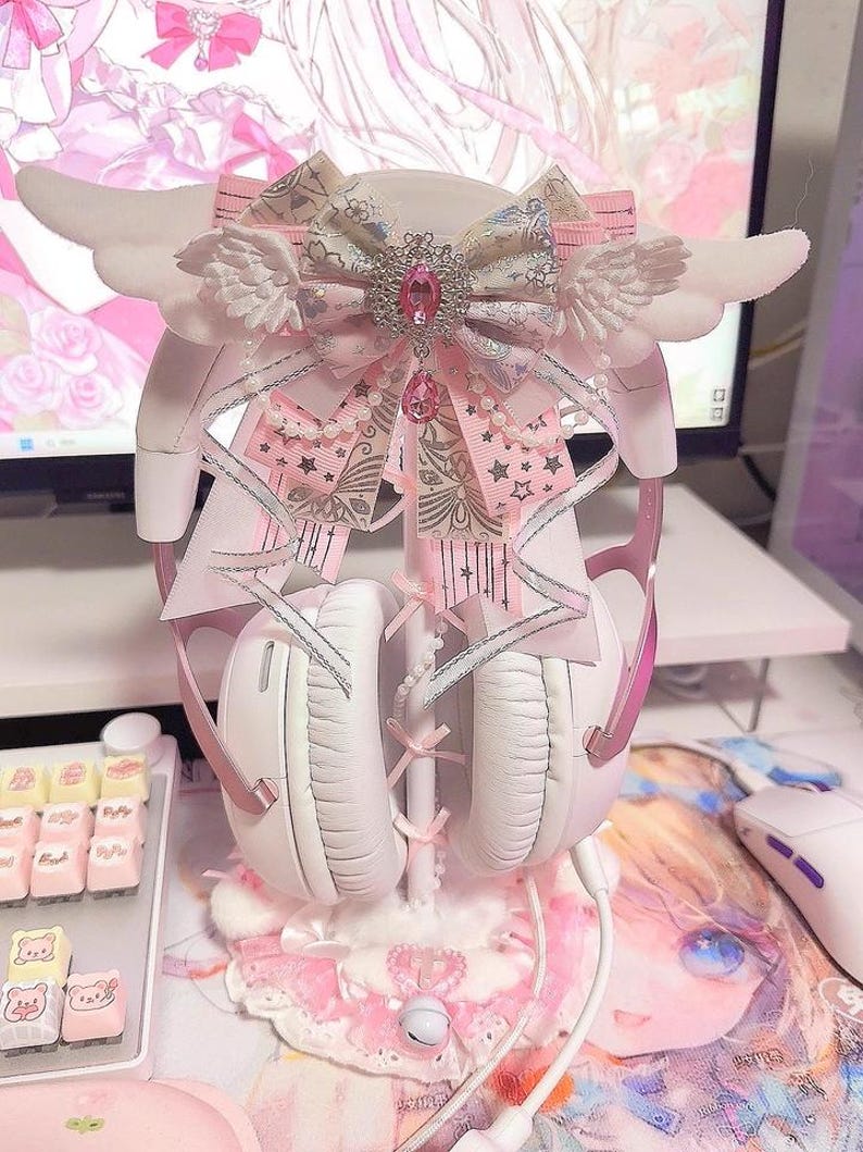 Magical Girl Angel Wing Headphone Stand, Kawaii Pink Ribbon Headset ...