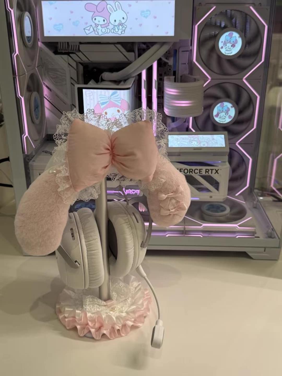 Pink Plush Bunny Ear Headphone Stand, Coquette Bow Headset Holder, My ...