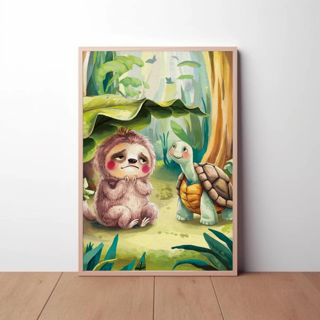 Cute Sloth and Turtle Forest Print – Whimsical Animal Illustration for ...