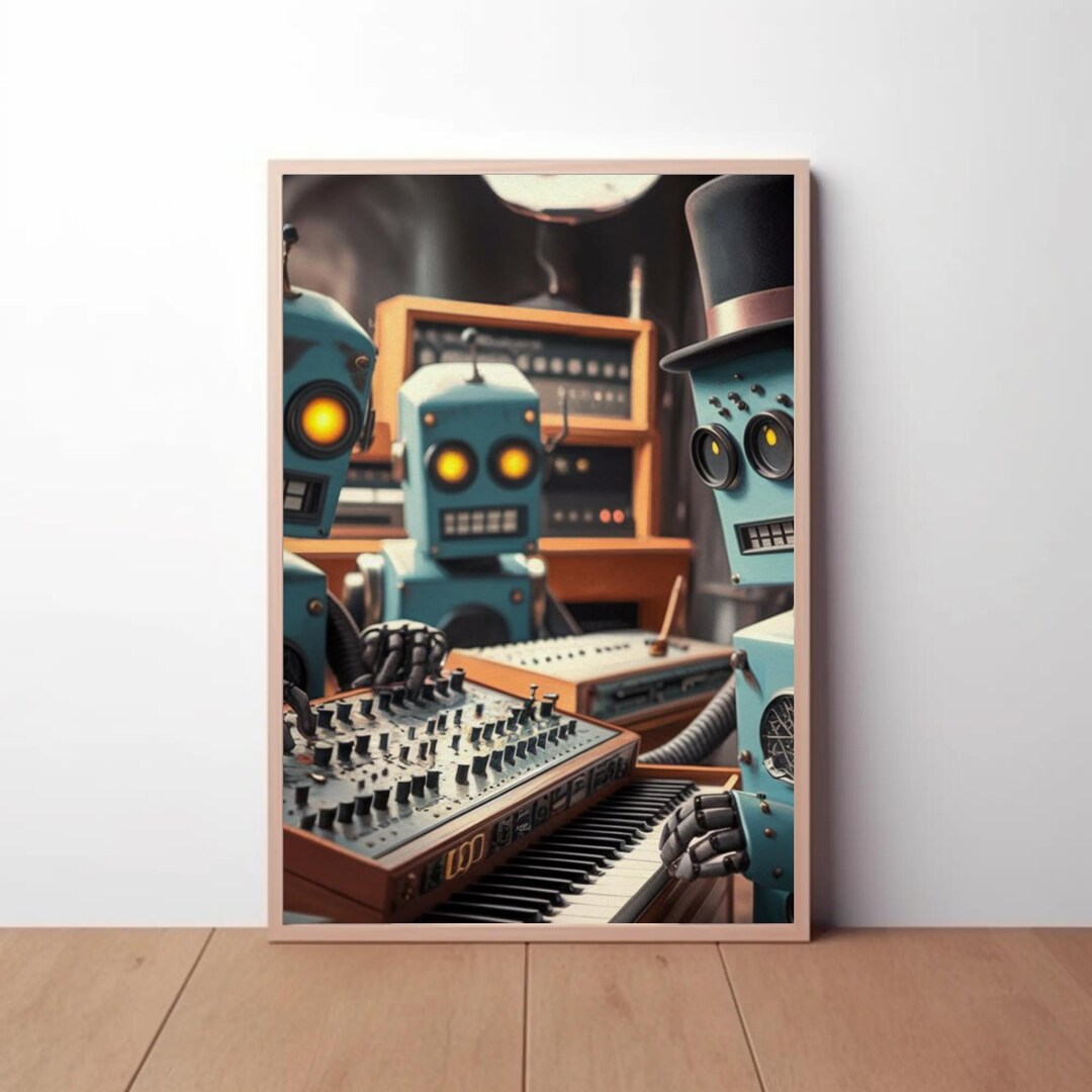 Retro Futuristic Robot Band Art | Synthwave AI Music Print | Vintage ...