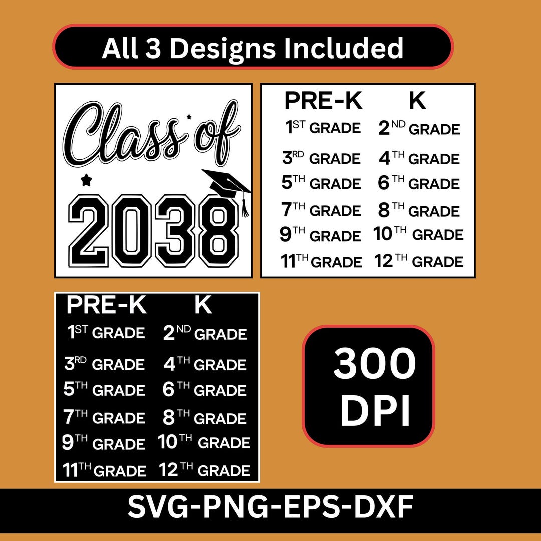 Class of 2038 PNG Bundle: Pre-k to 12th Grade, Funny Graduate (digital ...