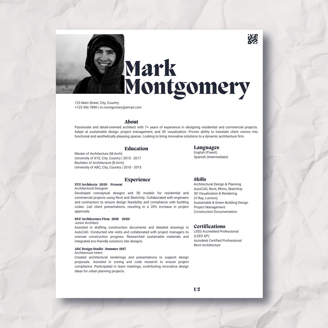 Professional Resume Template, Creative Canva Resume, Modern Architect ...
