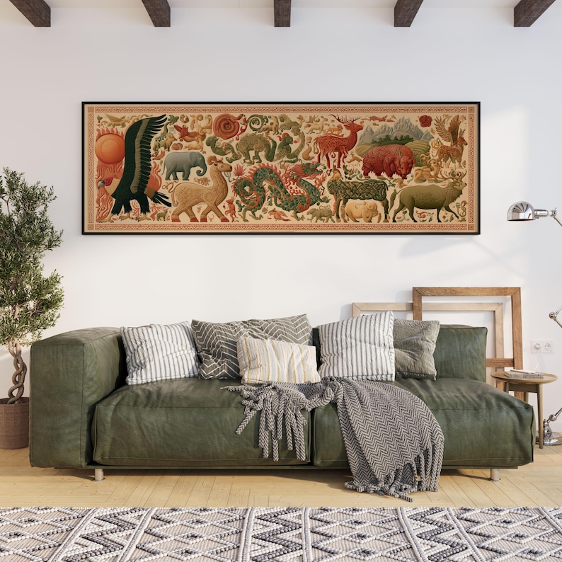 Folk Art Panoramic Print, Sacred Animals, Mythology Creatures, Wide ...