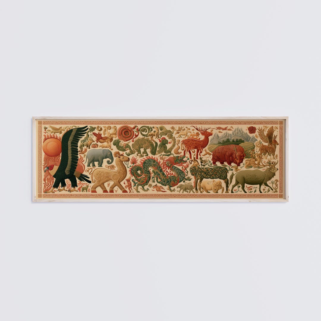 Folk Art Panoramic Print, Sacred Animals, Mythology Creatures, Wide ...