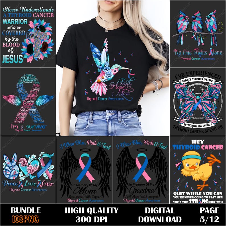 Thyroid Cancer Awareness PNG, Cancer Survivor Bundle, Blue Pink Teal ...