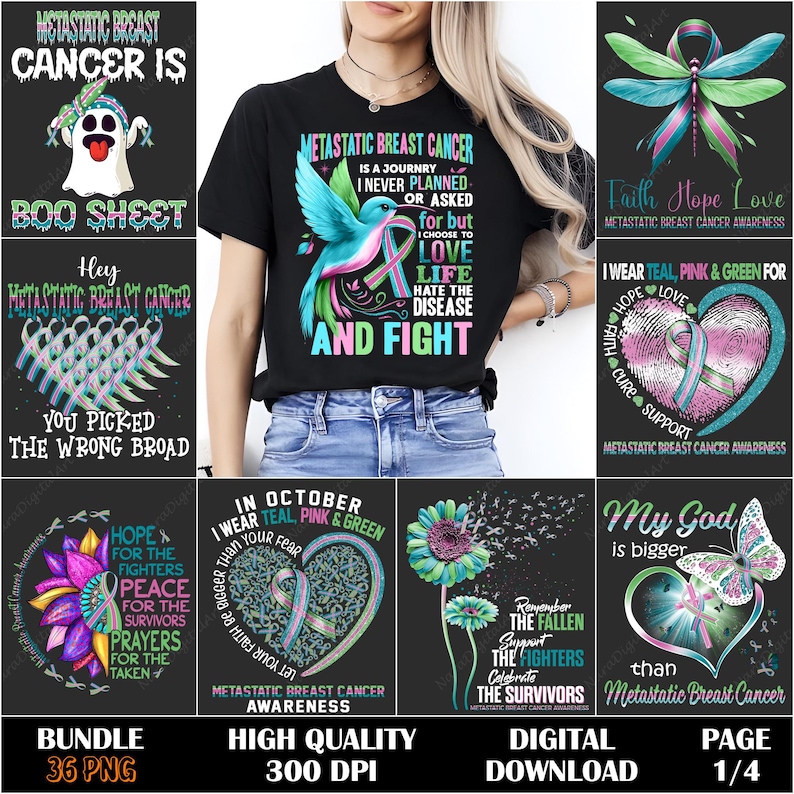 Breast Cancer PNG, Metastatic Awareness Bundle, Teal Pink Green Ribbon ...