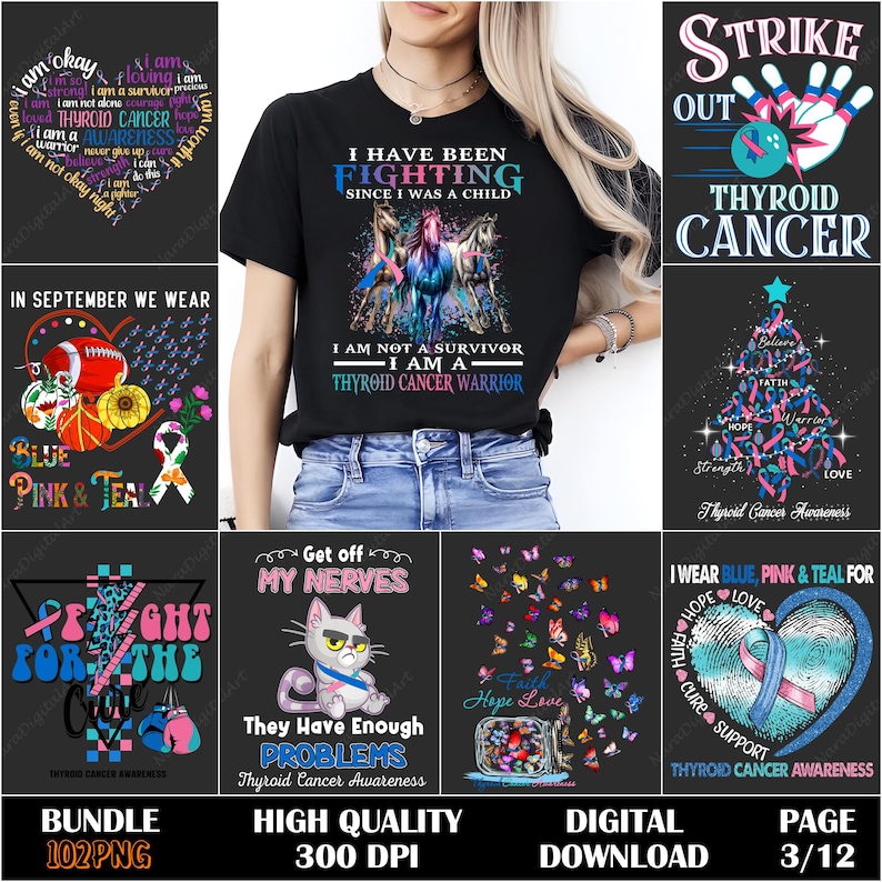 Thyroid Cancer Awareness PNG, Cancer Survivor Bundle, Blue Pink Teal ...
