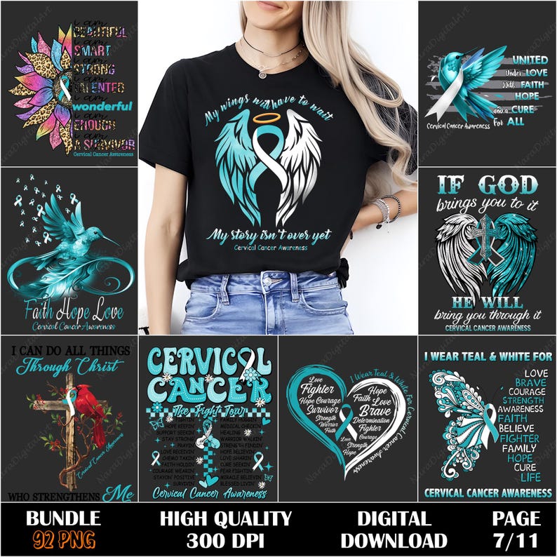Cervical Cancer PNG, Awareness Sublimation Bundle, Teal White Ribbon ...
