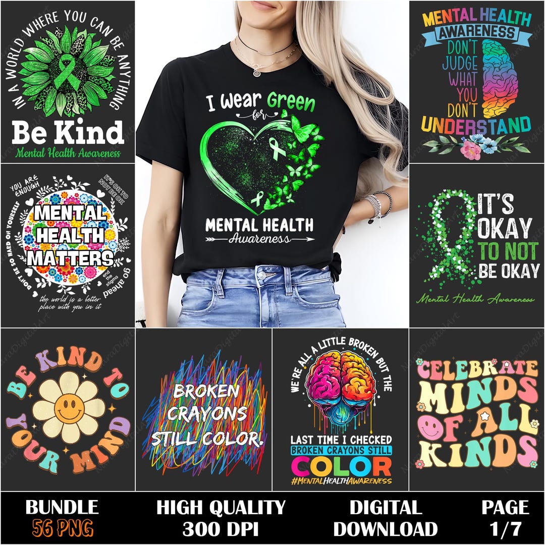 Mental Health PNG, Sublimation Bundle, Green Ribbon Clipart, Awareness ...