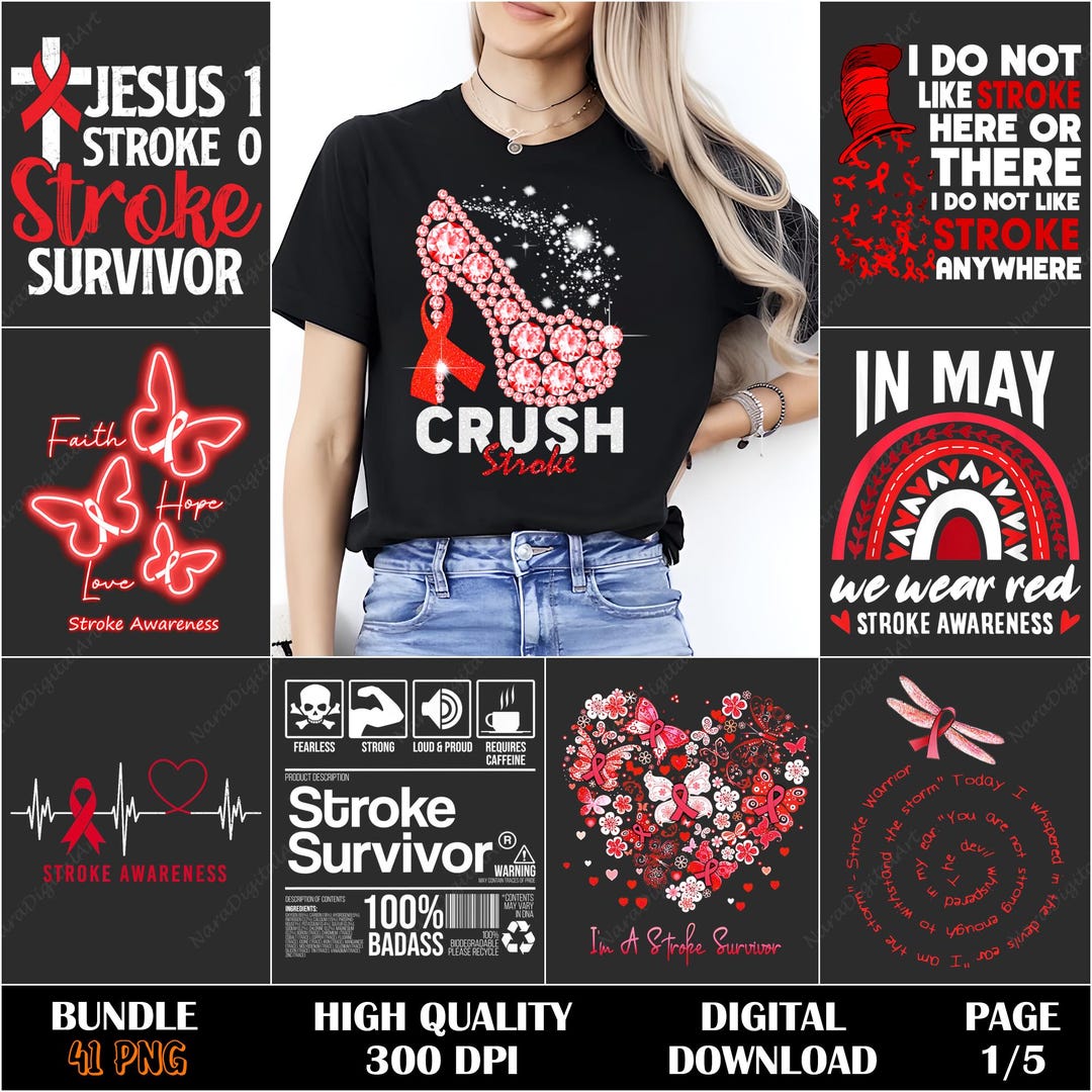 Stroke Awareness PNG Bundle, Stroke Warrior Sublimation Designs, Heart ...