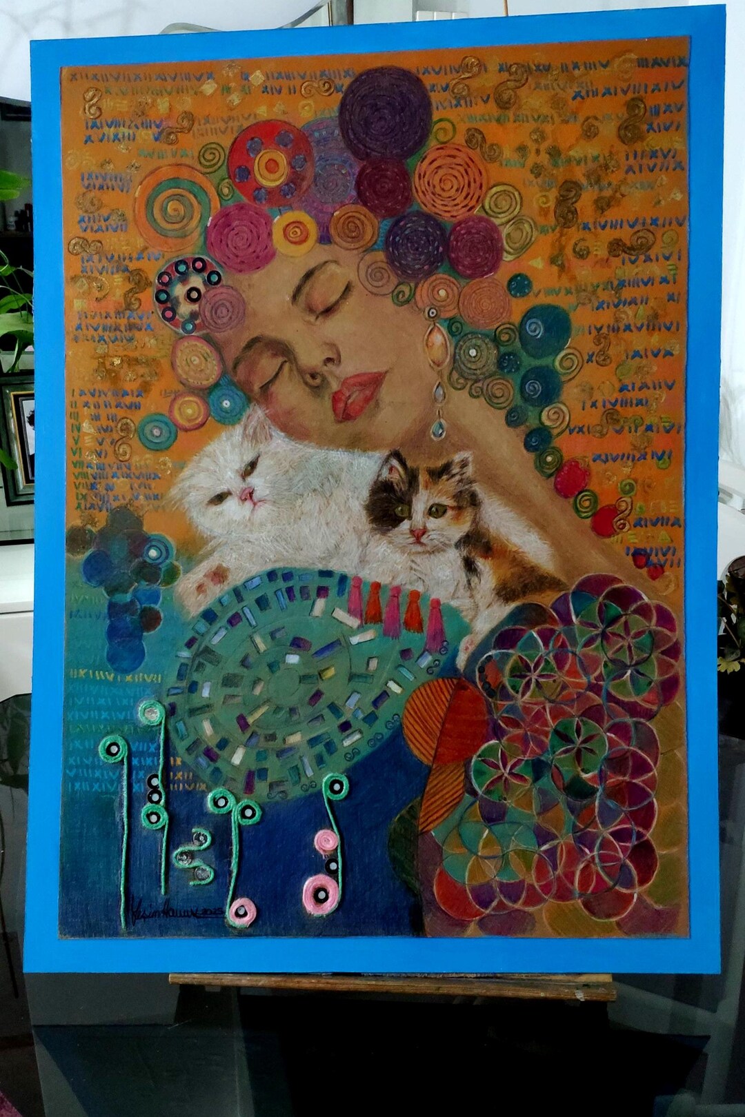 Whispers in Stillness Abstract Woman & Cat Painting Captured in Mixed ...