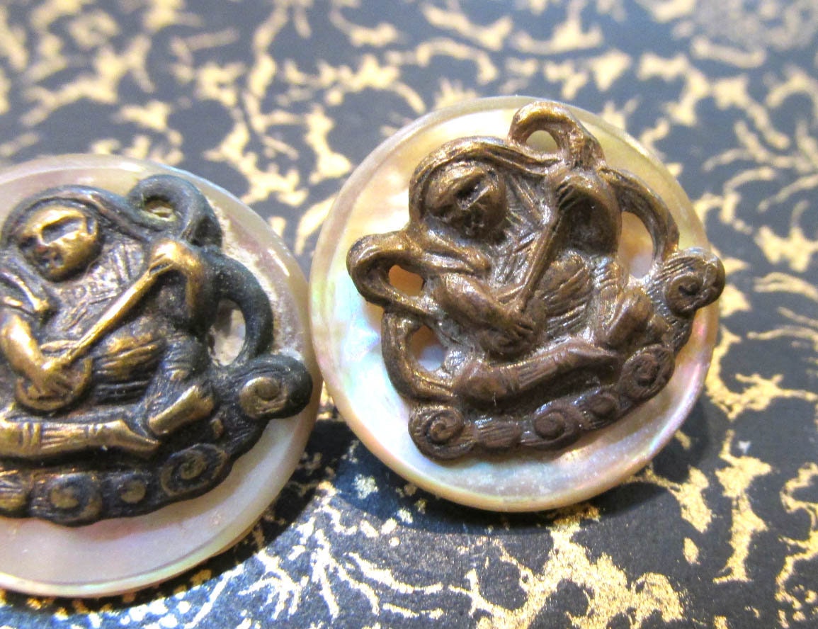 MOP and Steel BUTTONS Two 2 MoP Shell Buttons with Steel | Etsy