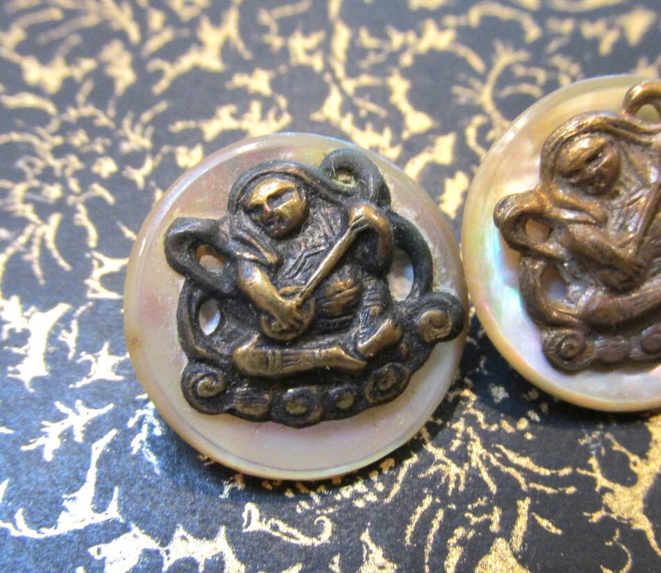 MOP and Steel BUTTONS Two 2 MoP Shell Buttons with Steel | Etsy