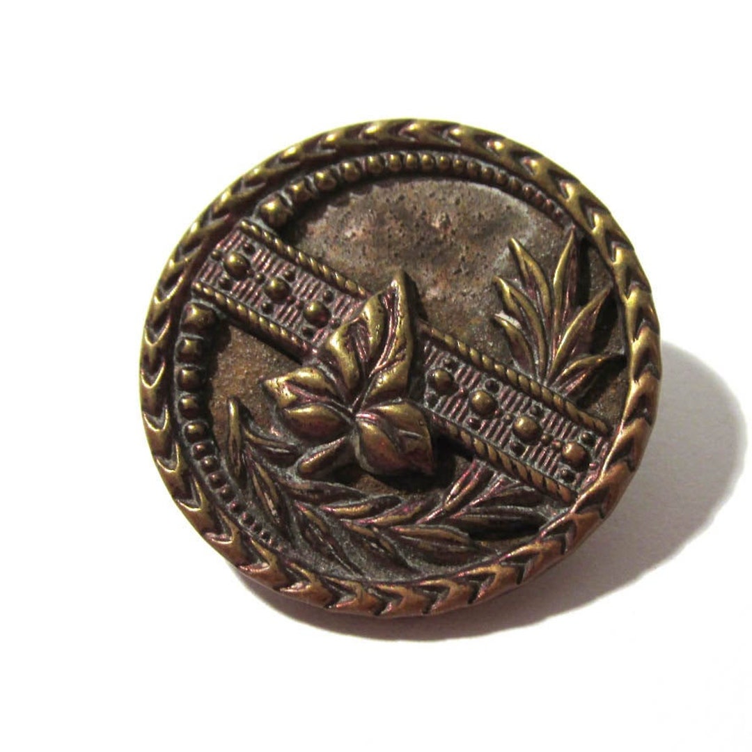 Vintage Picture Button Brass ANTIQUE Button One (1) Red Tint Leaf ...