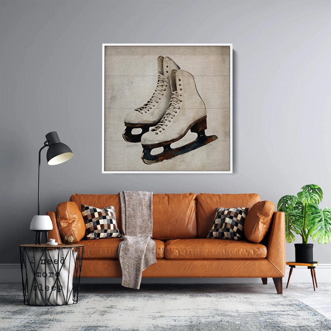 White Ice Skates - Rustic Vintage Style Winter Sports Canvas Wall Art ...
