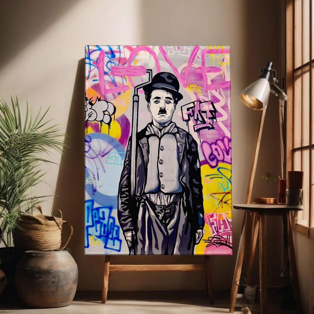 Charlie Chaplin Street Graffiti Oil Painting, 100% Hand Painted Canvas ...